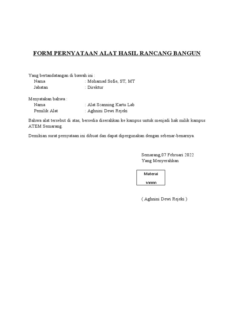 Pernyataan Penyerahan Alat Kampus | PDF