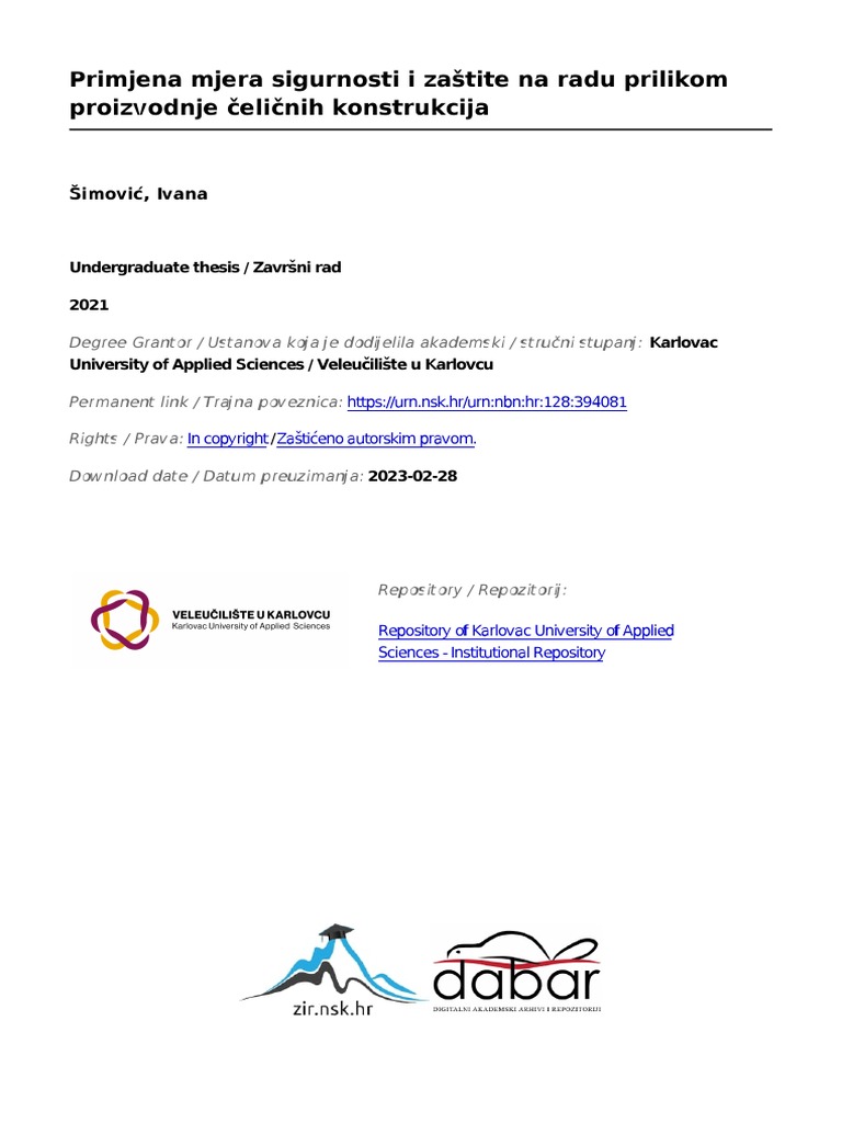 Primjena Mjera Sigurnosti I Zaštite Na Radu Prilikom Proizvodnje Čeličnih Konstrukcija | PDF