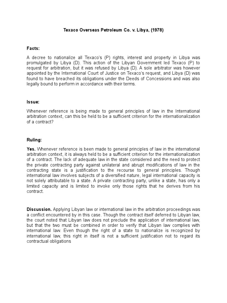 Texaco v. Libya Arbitration Case Summary | PDF | Finance & Money ...