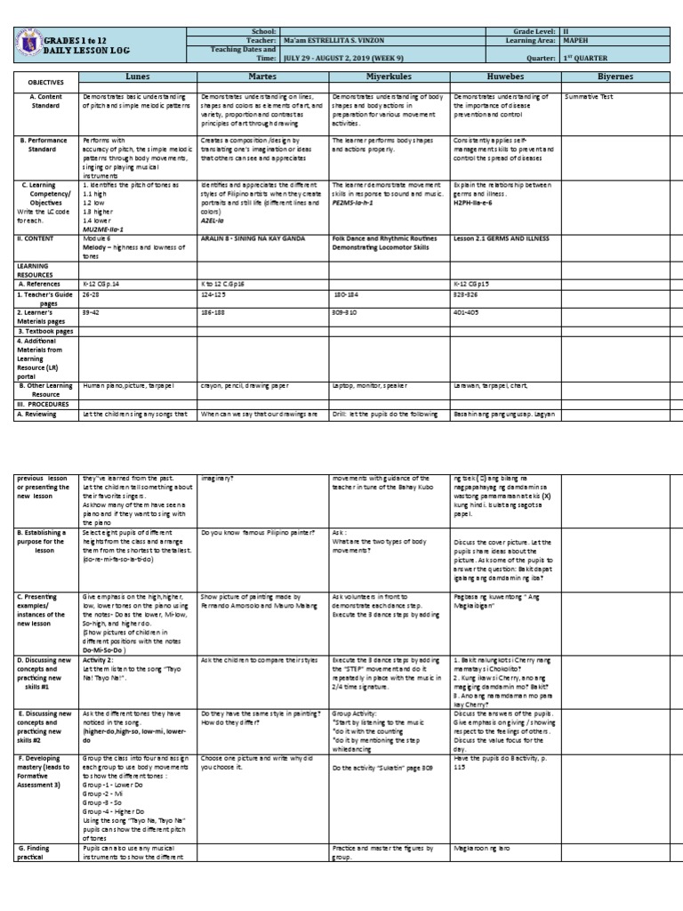 MAPEH Grade 2 Q1 Week 9 DLL | PDF | Singing | Pitch (Music)