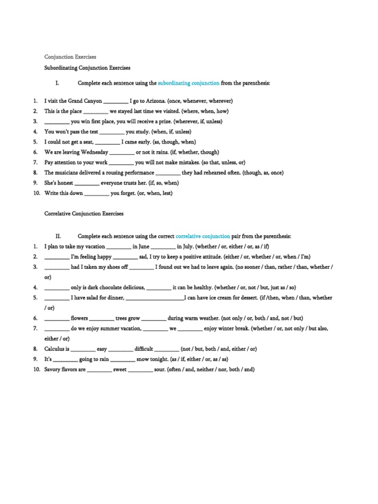 Conjunction Exercises Work Sheet | PDF
