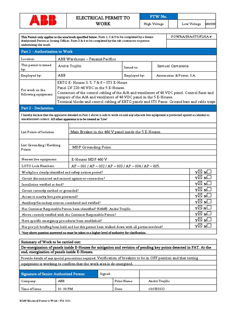 SA-S-107-01-01 Electrical Permit To Work - PTW (B.1) 14 - 26 OCT 2022 ...