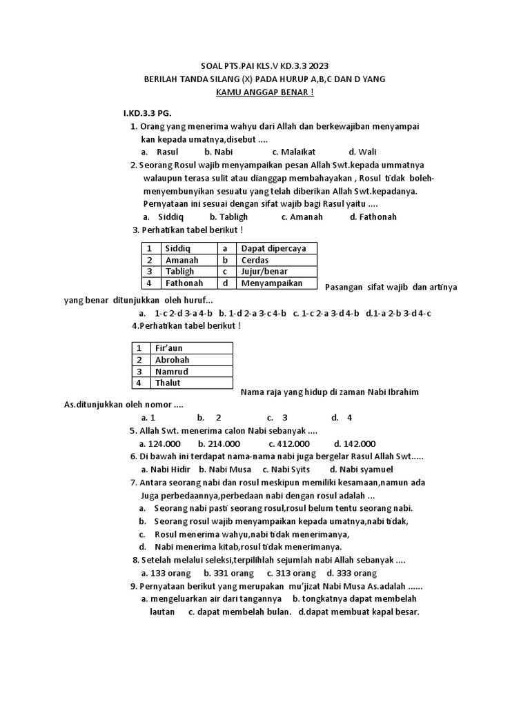 Soal PTS - Pai KLS.V KD.3.3 Ta.2023 | PDF