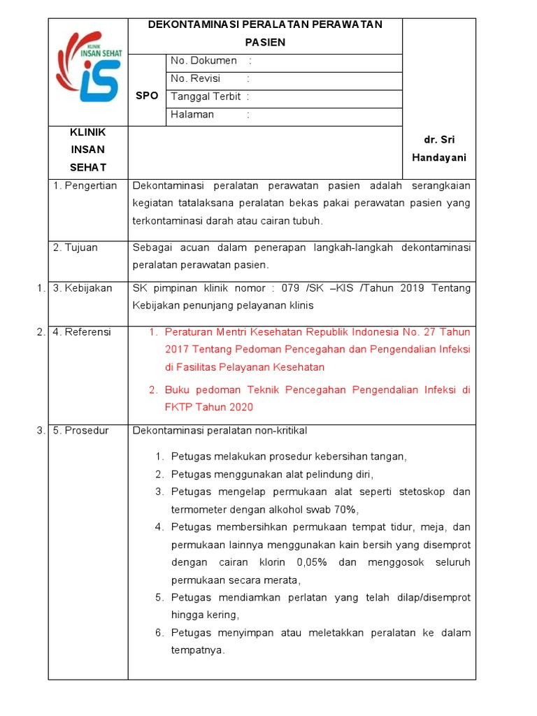 Spo Dekontaminasi Alat Perawatan Pasien New | PDF
