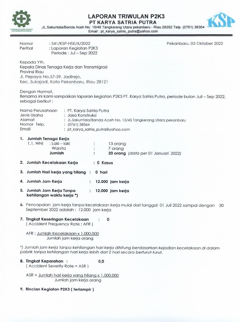 Laporan P2K3 Triwulan 3 (Jul-Sep) 2022 | PDF