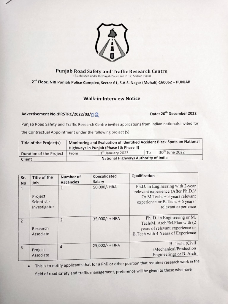 Walk in Interview Notice PRSTC | PDF | Punjab