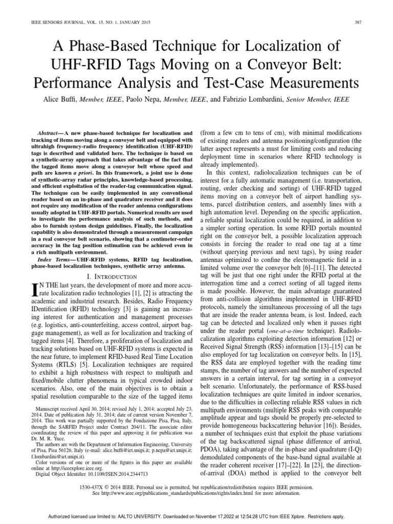 A Phase-Based Technique For Localization of UHF-RFID Tags Moving On A Conveyor Belt Performance ...