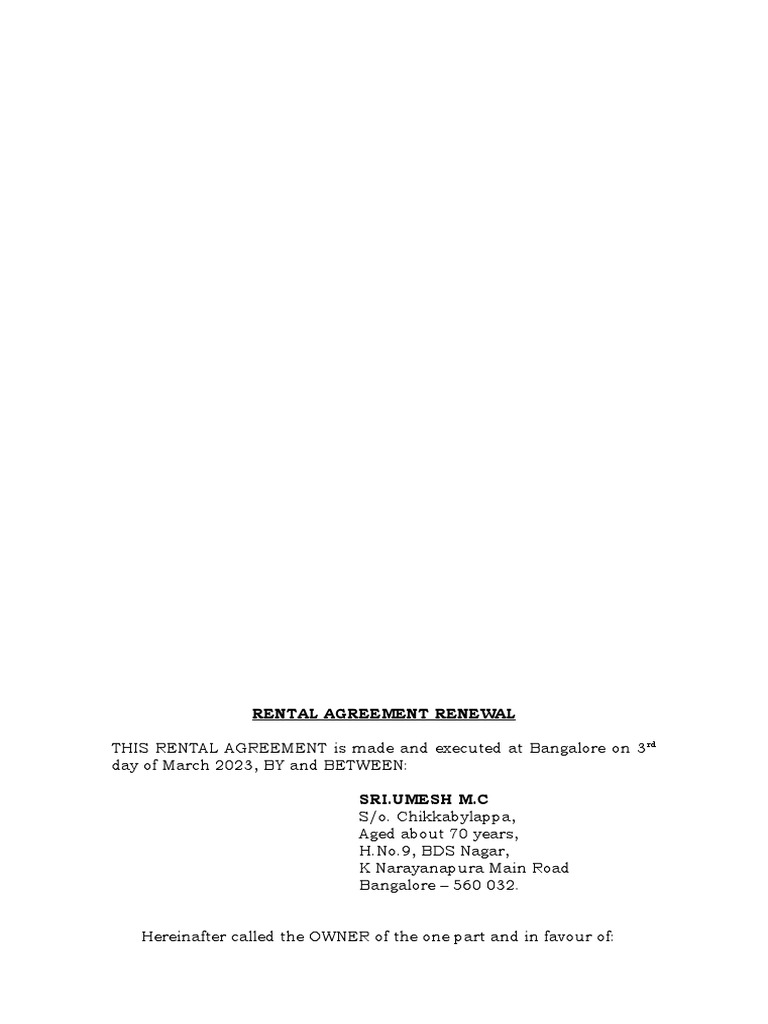 RENTAL AGREEMENT of Madhu Kiran & Anitha | PDF | Room | Renting