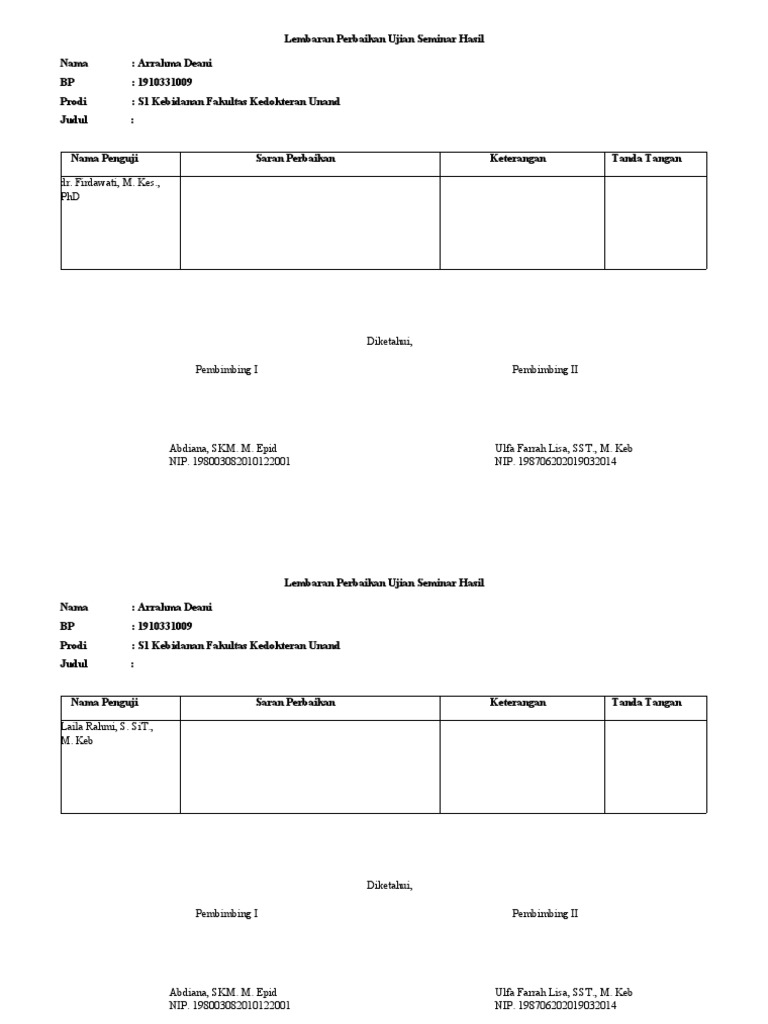 Lembar Perbaikan Sempro Dea | PDF