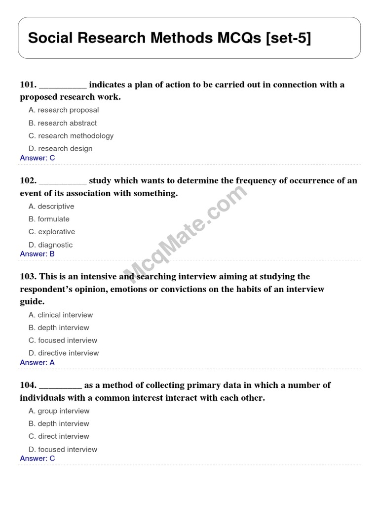 Social Research Methods MCQs Set 5 | PDF