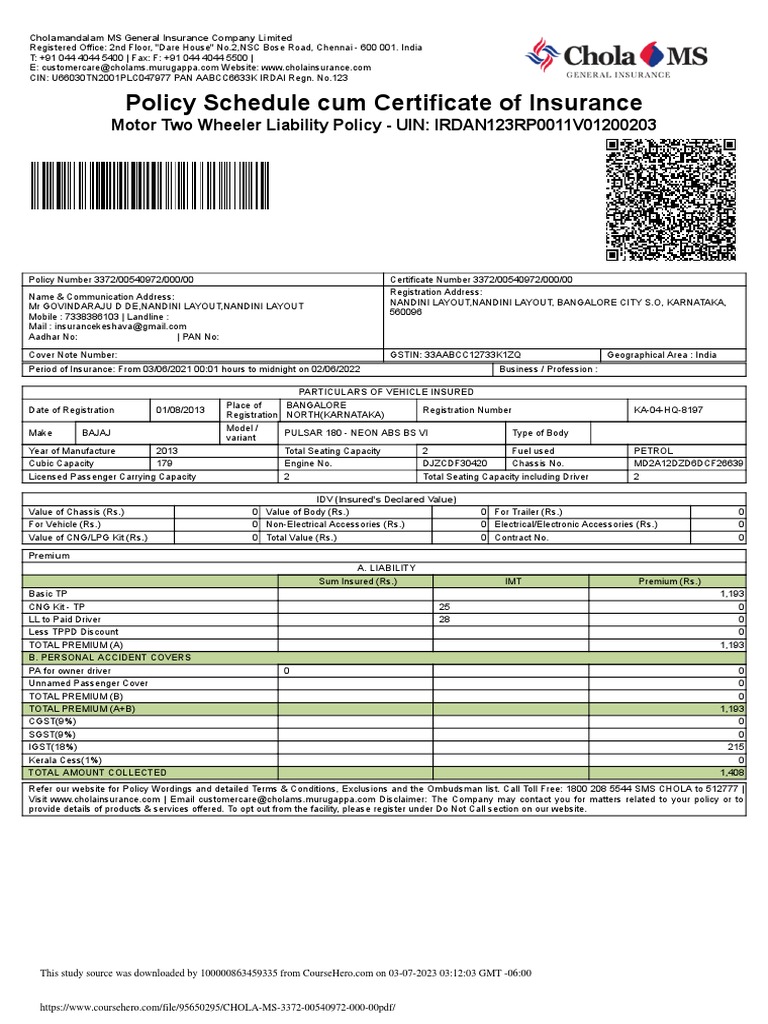 Chola MS 3372 00540972 000 00 PDF | PDF | Liability Insurance | Insurance