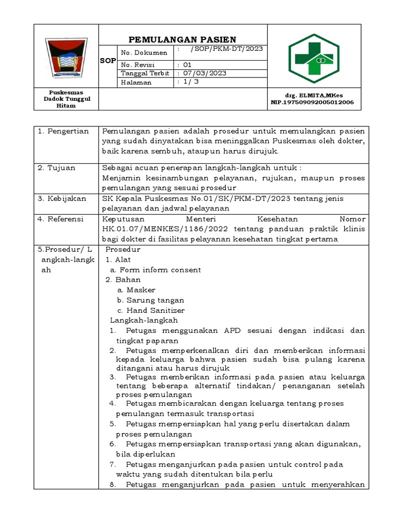 Sop Pemulangan Pasien | PDF | Pengembangan Diri | Sains & Matematika