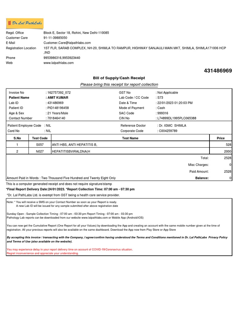 Please Bring This Receipt For Report Collection: Bill of Supply/Cash ...