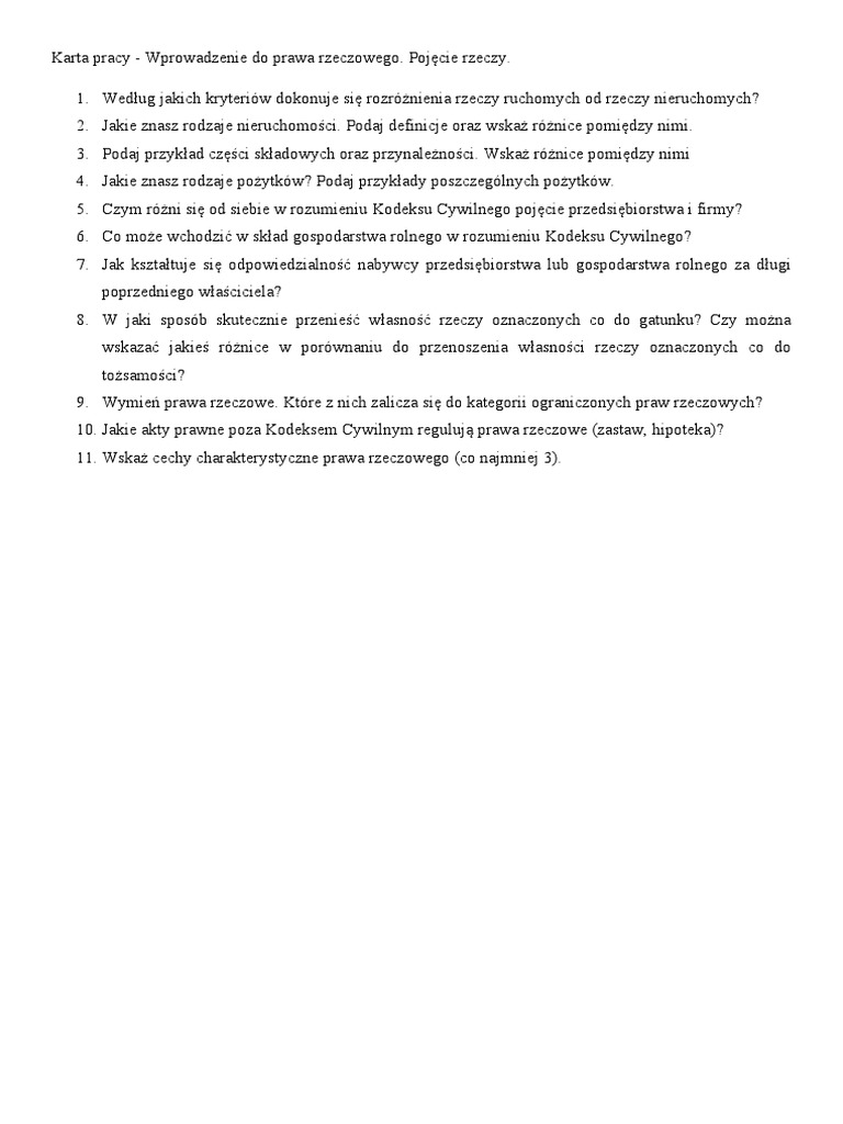 Karta Pracy - Wprowadzenie Do Prawa Rzeczowego - PojÄ Cie Rzeczy | PDF