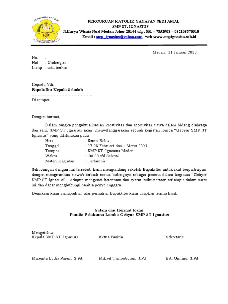 Surat Undangan Ke Sekolah Gebyar Ignasius | PDF Surat Undangan Ke Sekolah Gebyar Ignasius | PDF