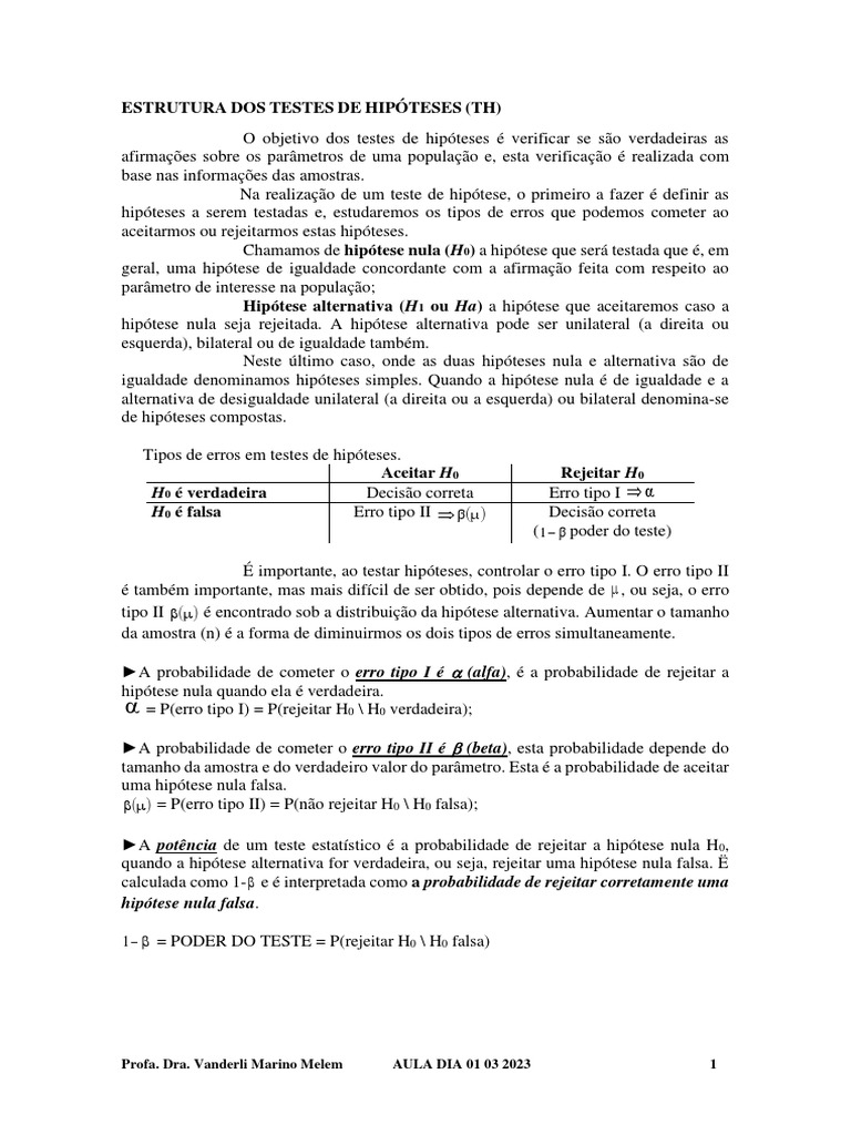 TH Uma Amostra - Matemática | PDF | Teste de hipótese estatística | P-valor
