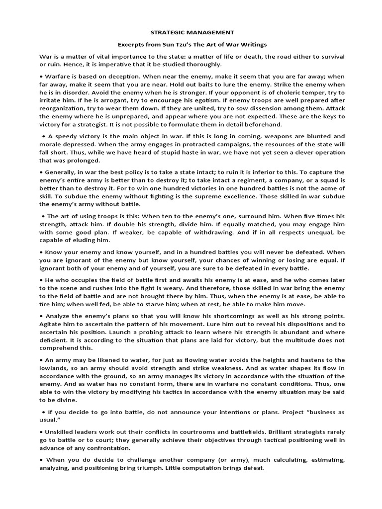 Excerpts From Sun Tzu's The Art of War Writings | PDF | Strategic Management | Military Strategy