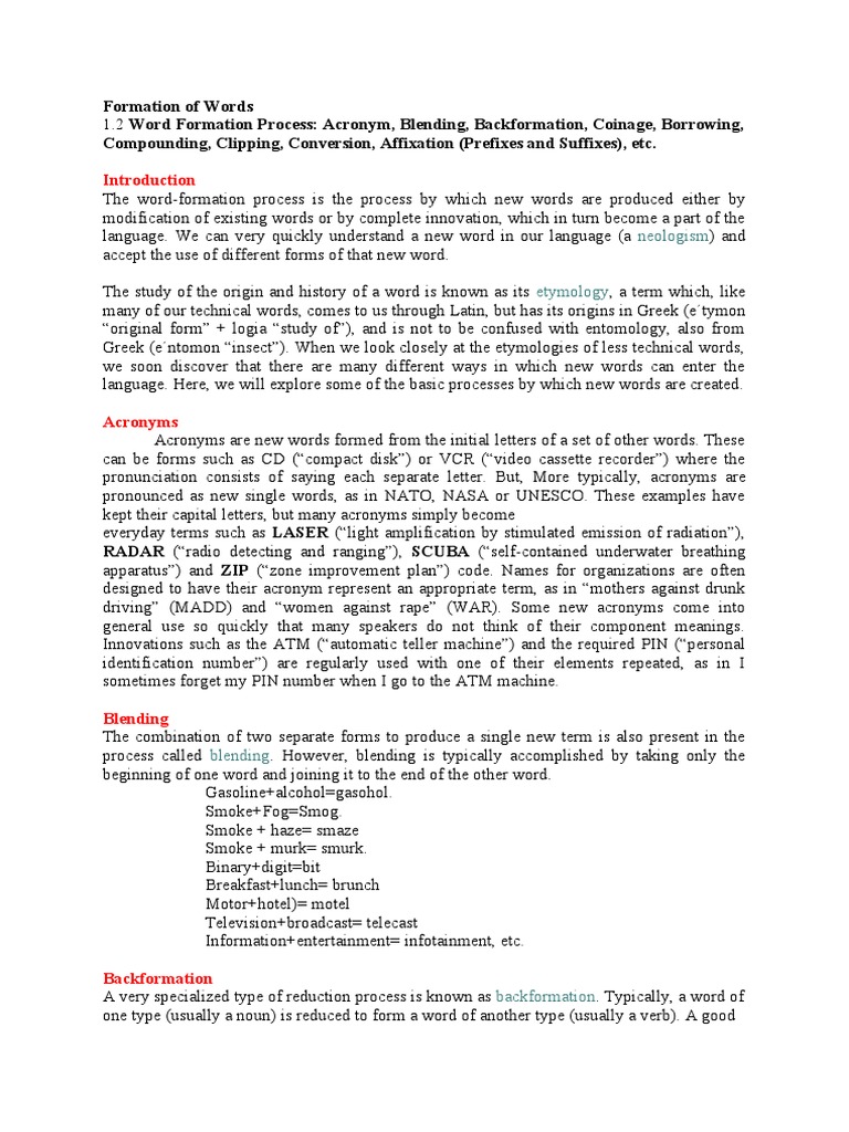 Word Formation Notes | PDF | Word | Acronym