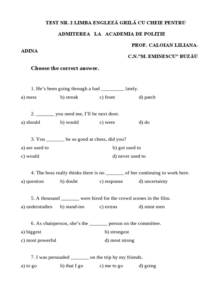 Test Nr. 2 Limba Engleza Grila Cu Cheie Pentru Admiterea La Academia de ...