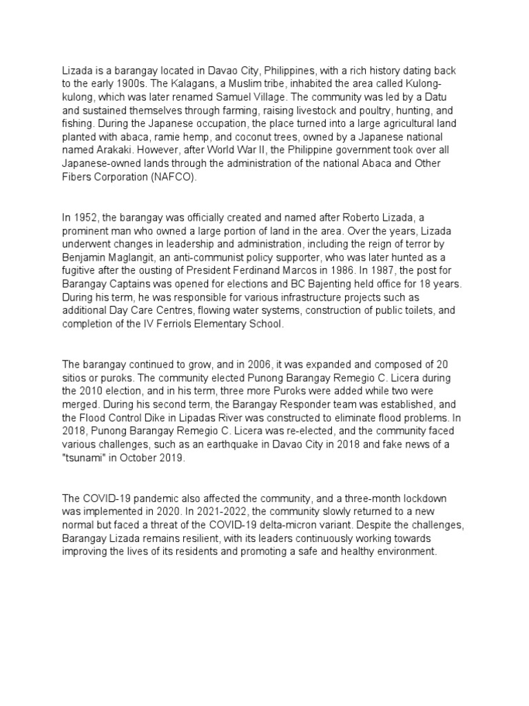 Barangay Lizada History Summary | PDF
