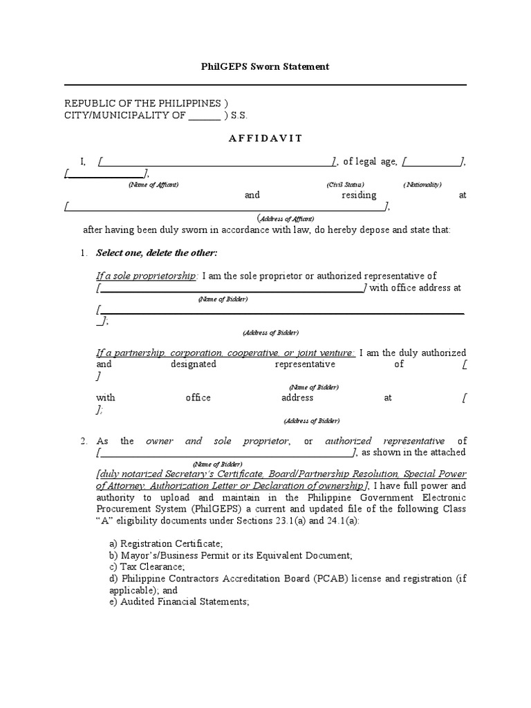 PhilGEPS Sworn Statement - 1102 | Download Free PDF | Affidavit | Sole ...