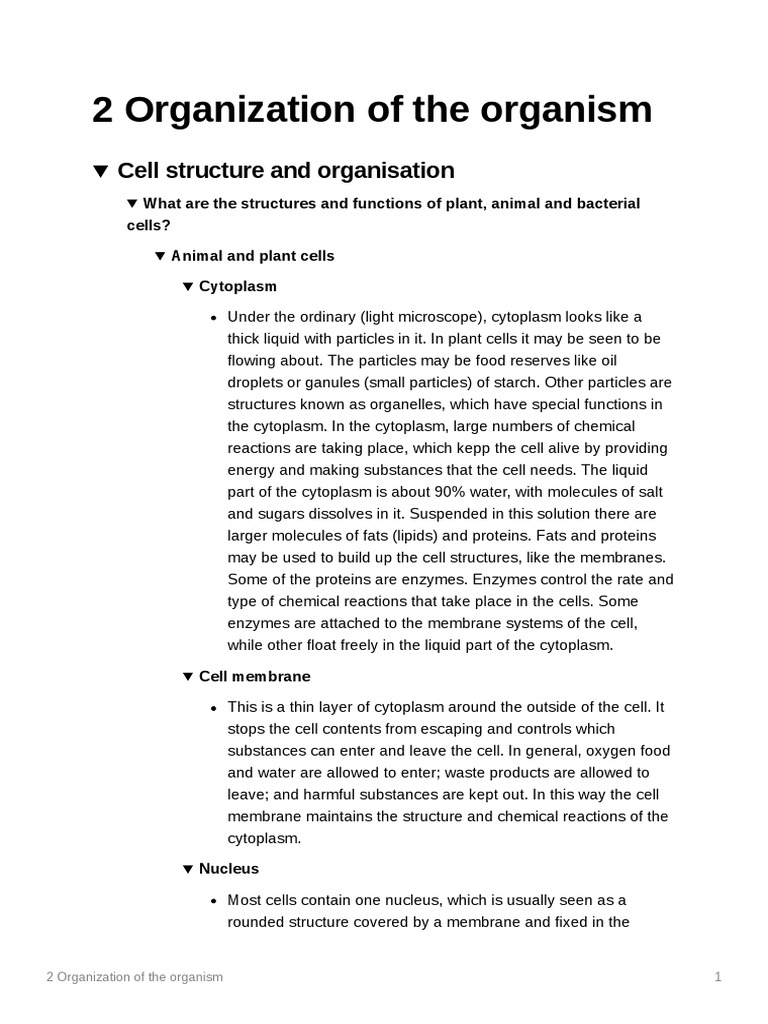 Notion 2 - Organization - of - The - Organism | PDF | Cell (Biology) | Cytoplasm