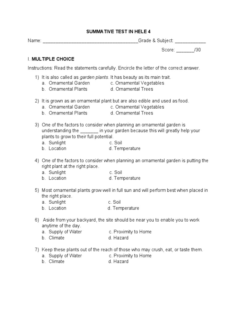 Summative Test in Hele 4 | PDF | Perennial Plant | Plants
