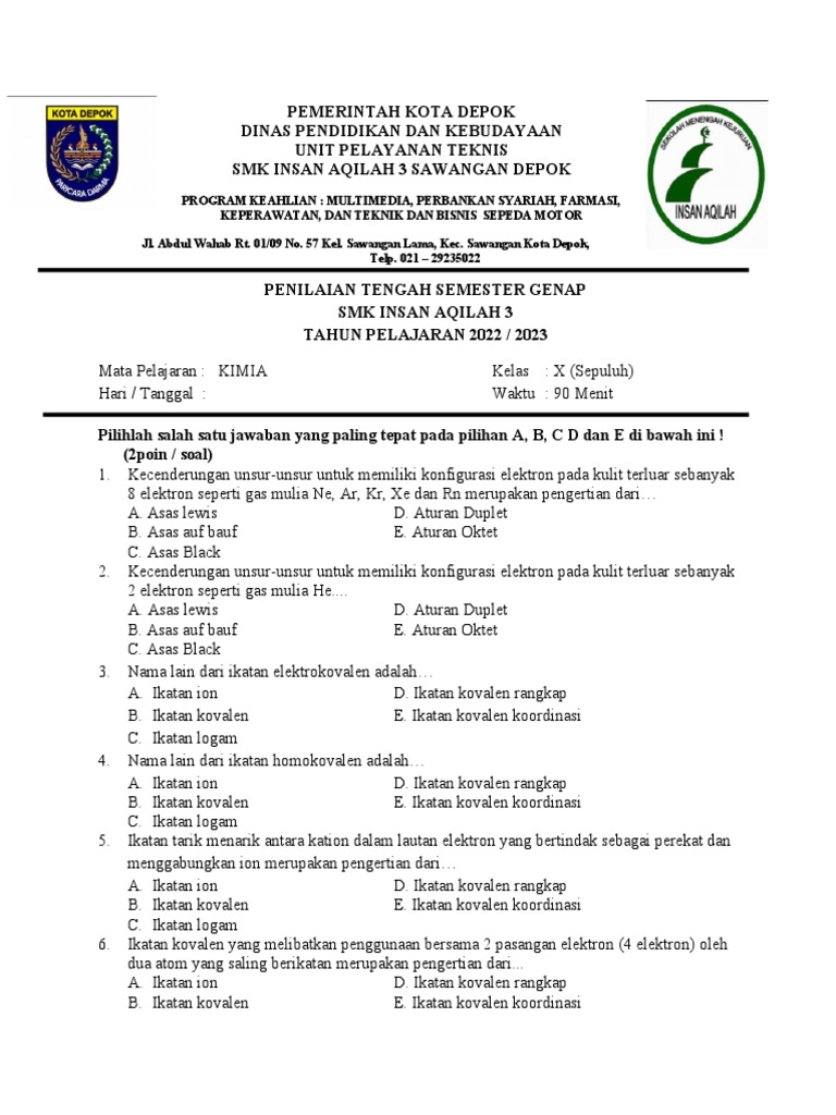 Soal Uts Pts Kimia 2023 Semester Genap | PDF