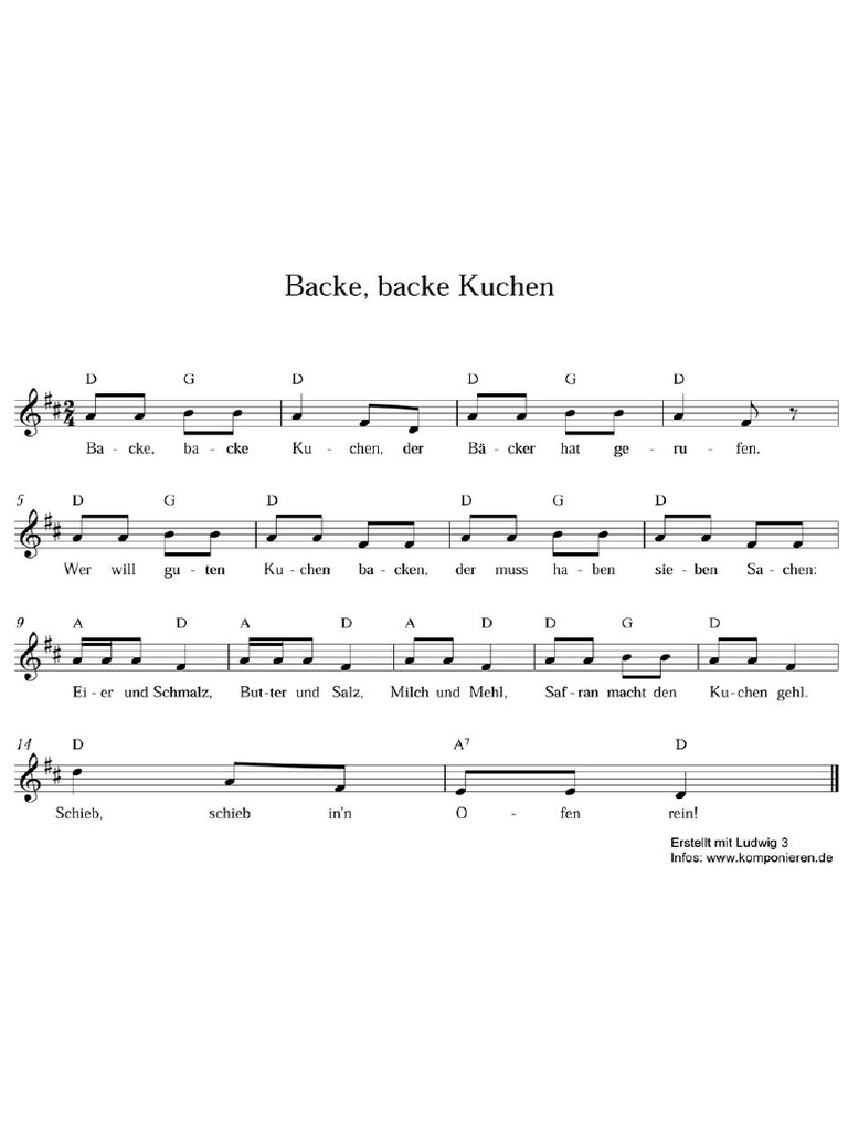 Backe, Backe Kuchen - Kinderlied | PDF