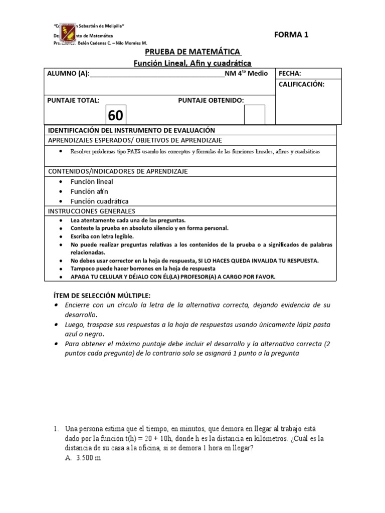 Prueba 1 - Cuarto Medio - Forma 1 | PDF | Función (Matemáticas ...