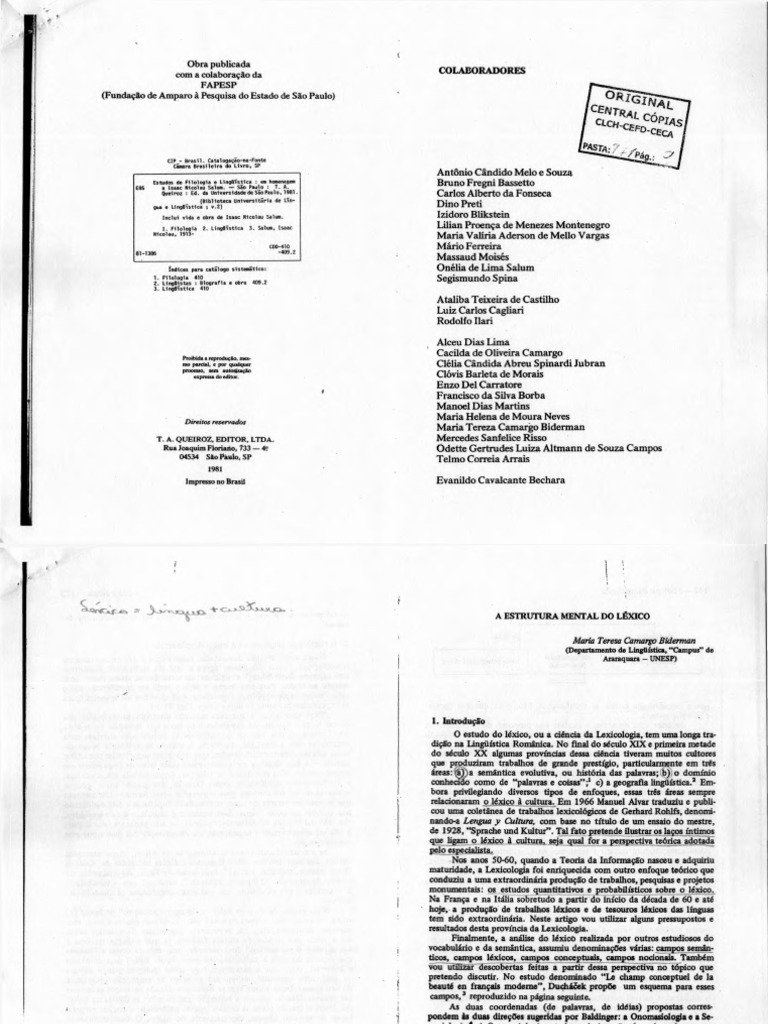 BIDERMAN - 1981 - A Estrutura Mental Do Léxico | PDF | Palavra ...