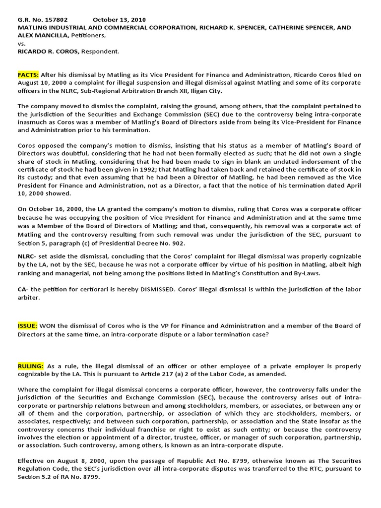 337 Matling Vs Coros | PDF | Jurisdiction | Employment