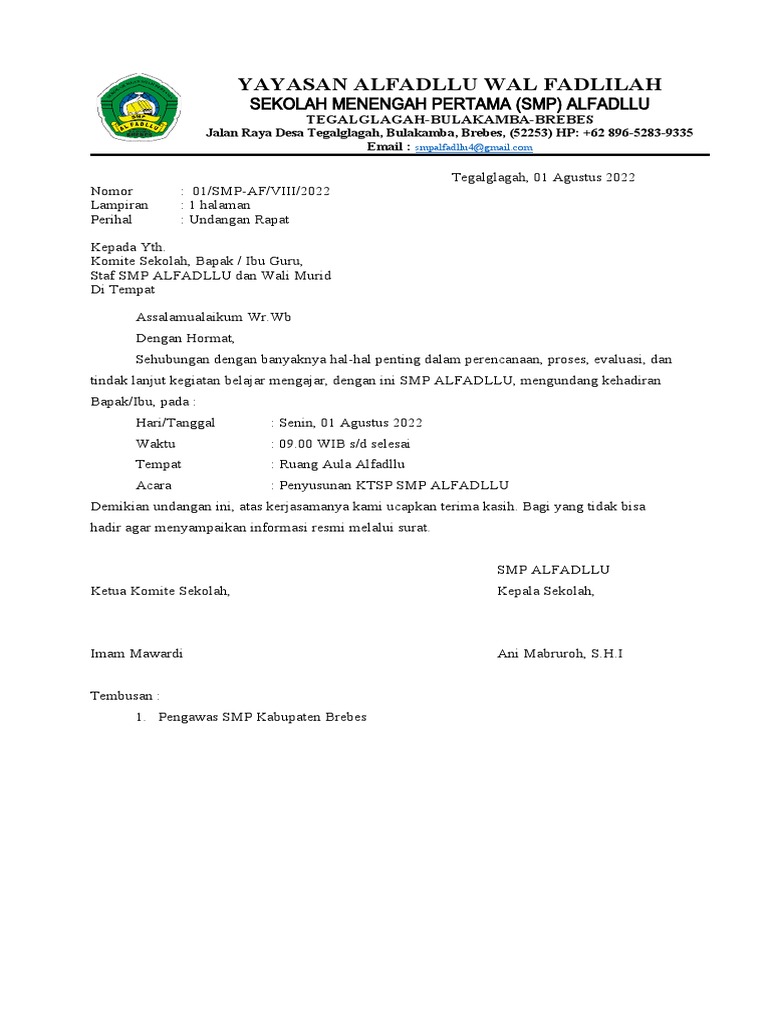 Undangan Rapat Penyusunan KTSP SMP | PDF