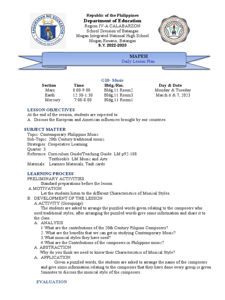 LP Music Day 1 G10 | PDF | Composers | Lesson Plan