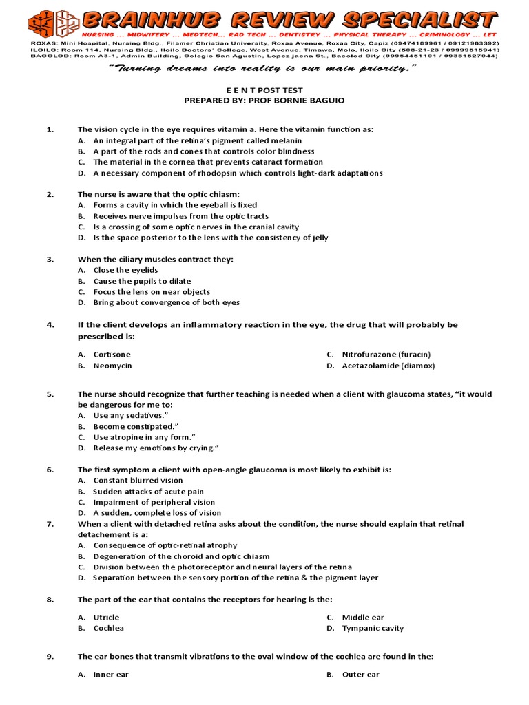 SIR BORNIE E E N T POST TEST Edited | PDF | Glaucoma | Human Eye