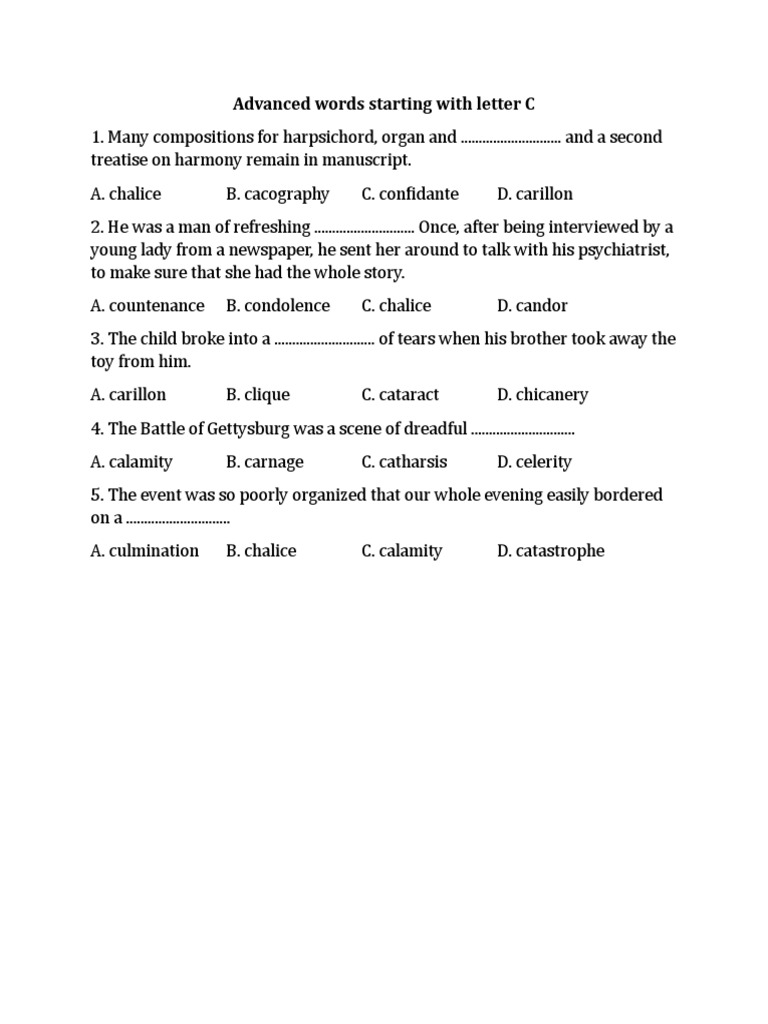 Letter C Advanced Words Exercise | PDF