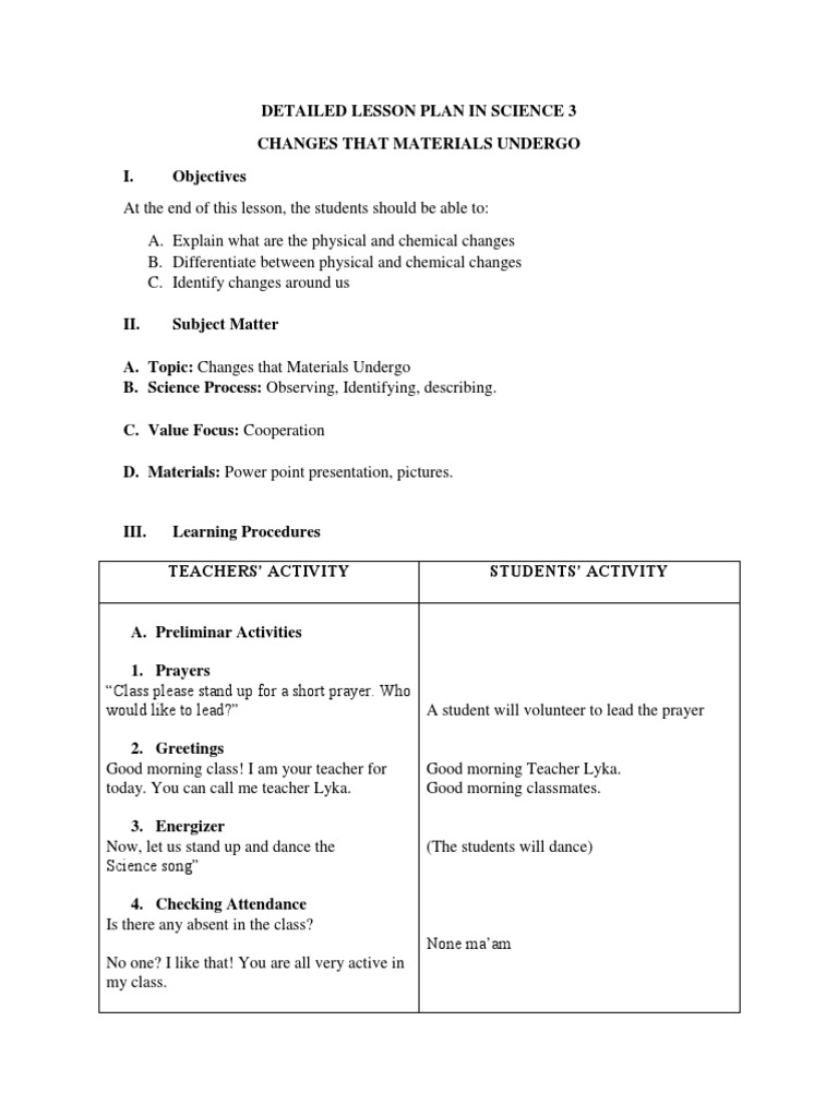 Changes That Materials Undergo-LESSON PLAN IN SCIENCE 3 | PDF | Water ...