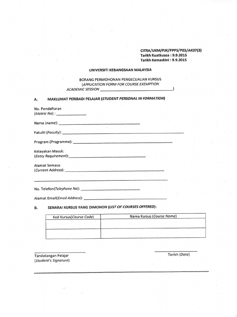 Borang Permohonan Pengecualian Kursus BM | PDF