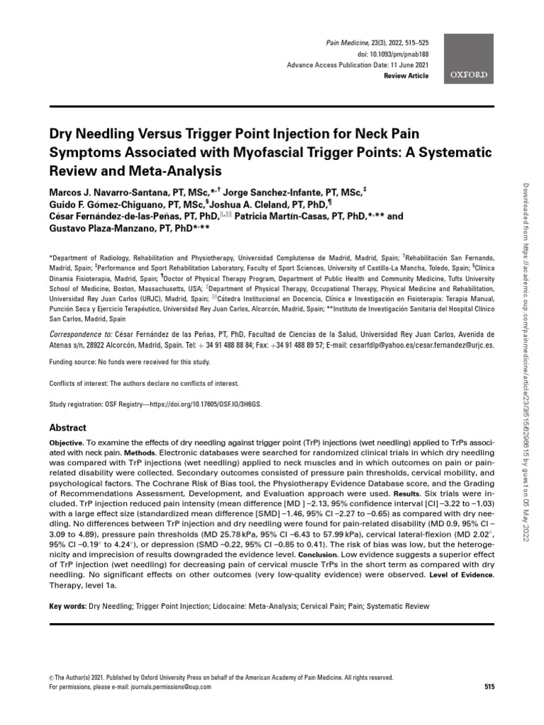 Dry Needling Versus Trigger Point Injection For Neck Pain | PDF | Myofascial Trigger Point ...