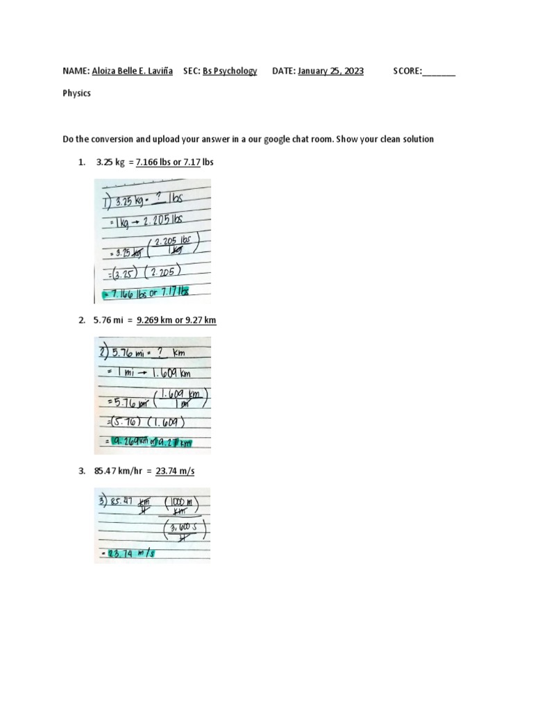Physics Problem Set - Laviña, Aloiza Belle - Bs Psych 1 | PDF | Wellness | Science & Mathematics