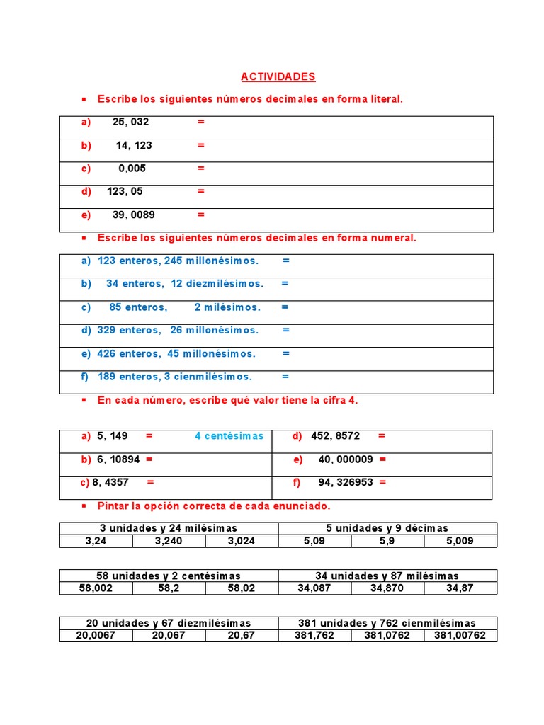 Actividades de Números Decimales | PDF
