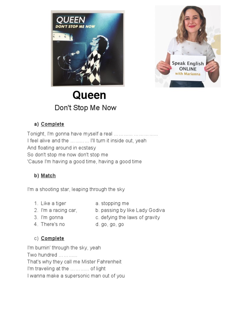 Song Dont Stop Me Now by Queen Worksheet Activities With Music Songs ...