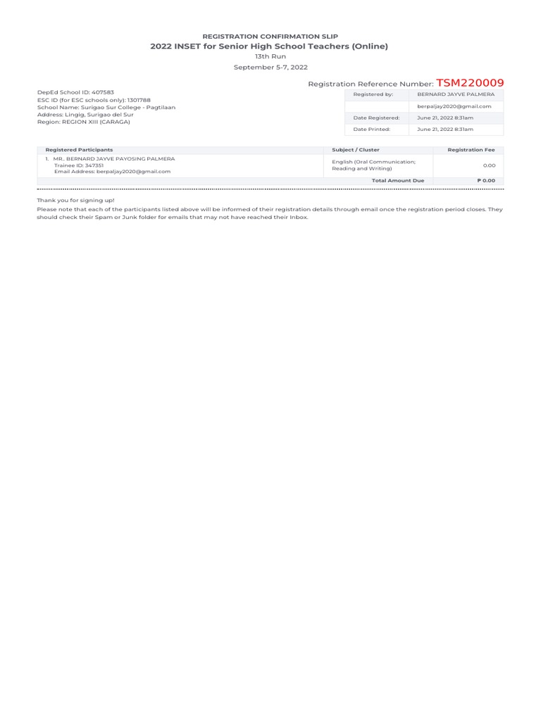 PEAC Registration Confirmation Slip TSM220009 | PDF