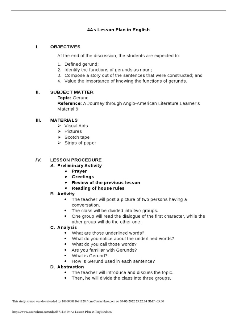 4As English Lesson Plan on Gerunds | PDF | Lesson Plan | Sentence ...
