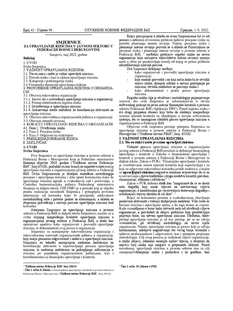 Smjernice Za Upravljanje Rizicima U Javnom Sektoru FBiH 42 - 22-BOS | PDF Smjernice Za Upravljanje Rizicima U Javnom Sektoru FBiH 42 - 22-BOS | PDF