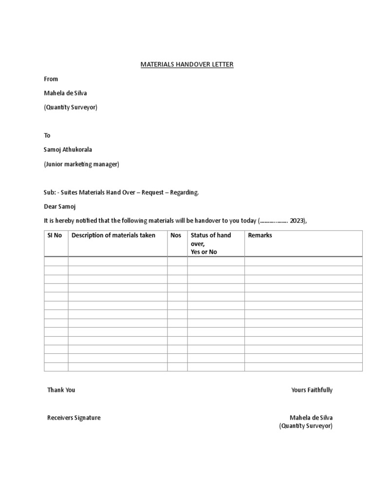 Materials Handover Letter | PDF