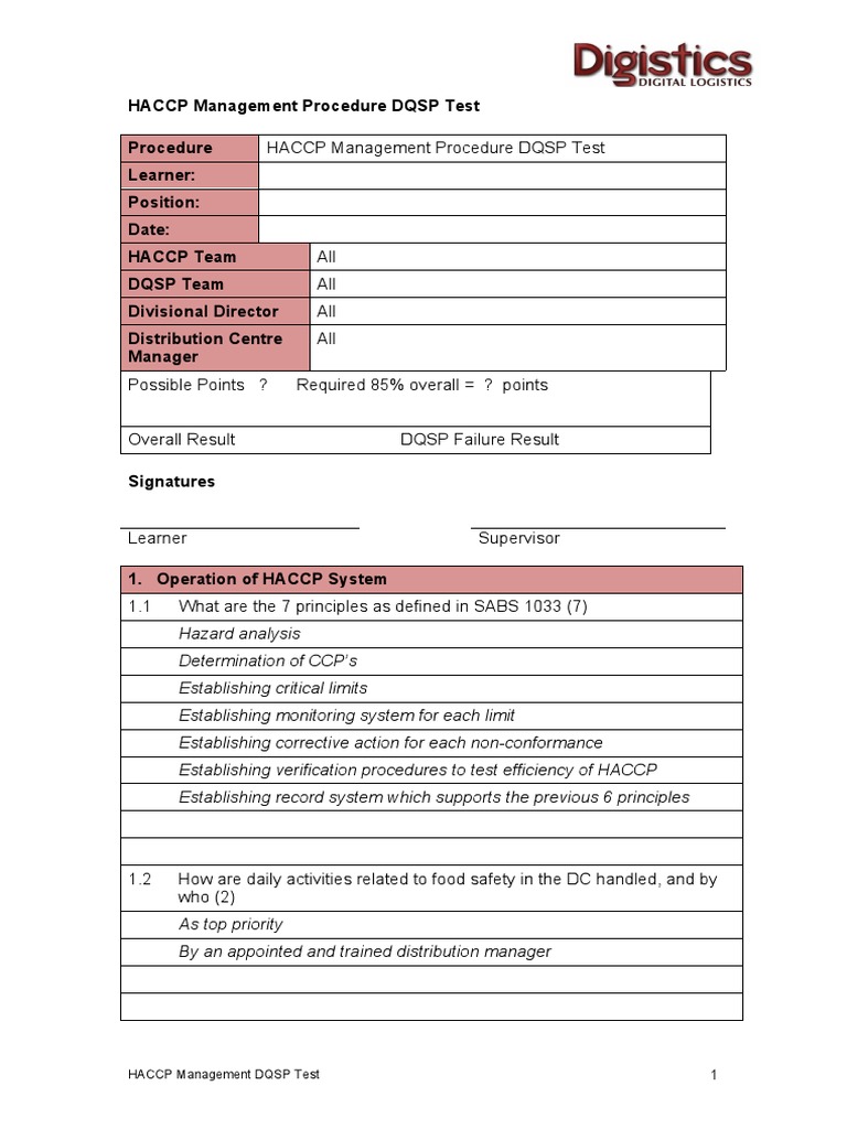 HACCP Management DQSP Test - Model Answer | PDF | Business | Computers