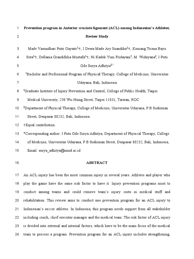 Prevention Program in Anterior Cruciate Ligament (ACL) Among Indonesian ...