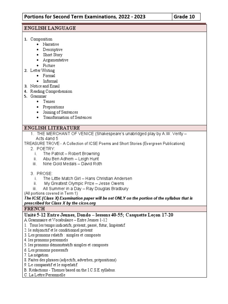 Grade 10 - Draft Portions For Term 2 Examinations | PDF ...