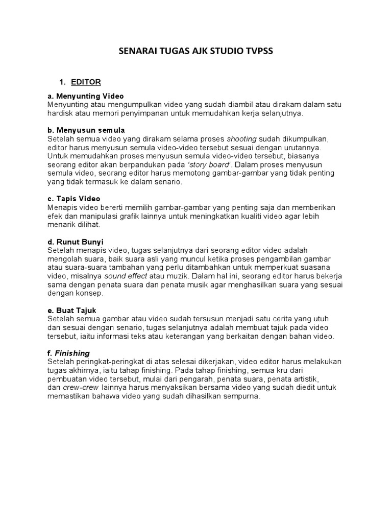 Senarai Tugas Ajk Studio TVPSS | PDF